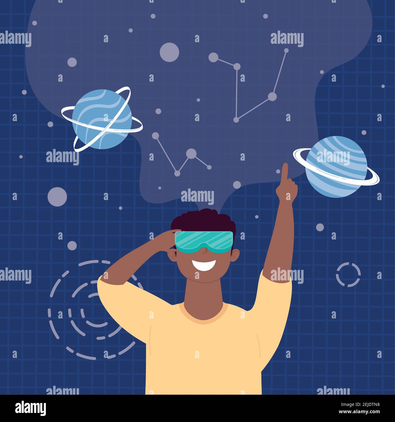 afro man using virtual reality mask in universe scene vector ...