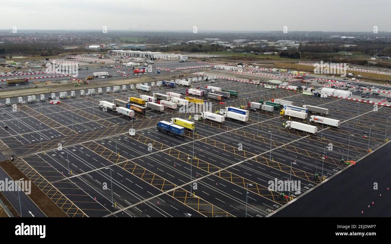 A view of the Sevington Inland Border Facility in Ashford, Kent, as the ...