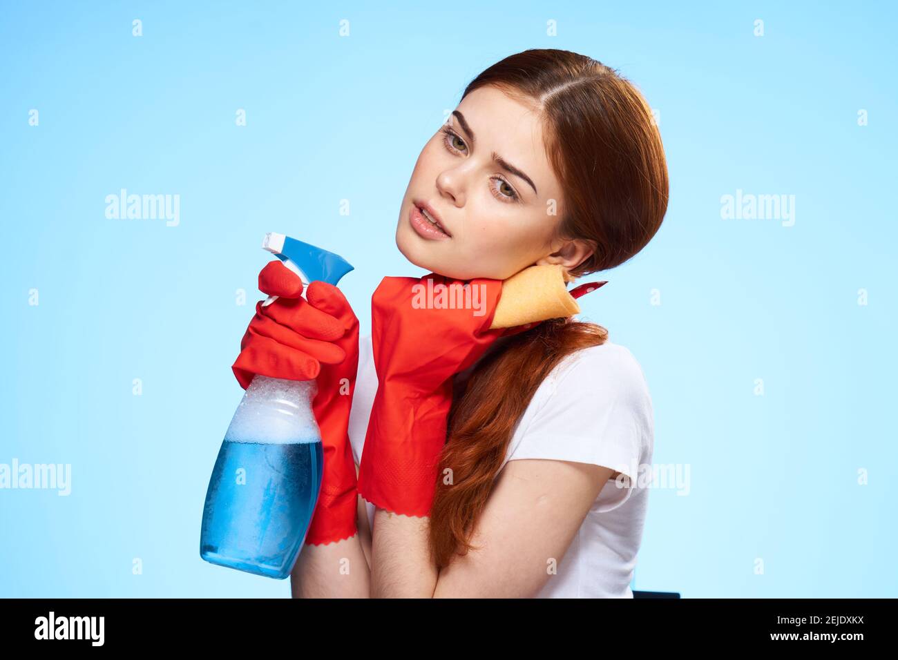 professional cleaning lady service housework blue background Stock ...