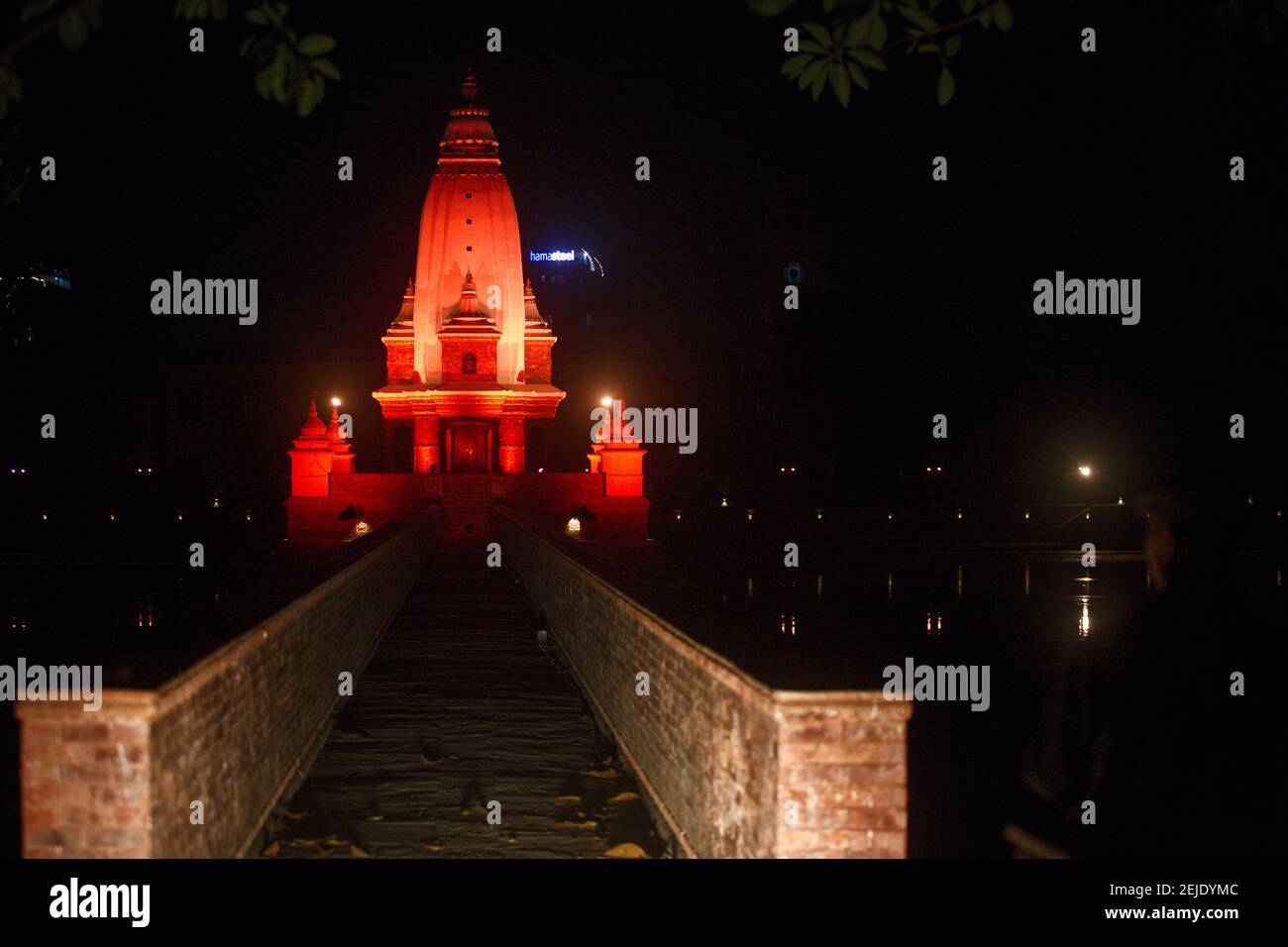 Kathmandu, Nepal. 22nd Feb, 2021. A temple in red light is seen at the ...