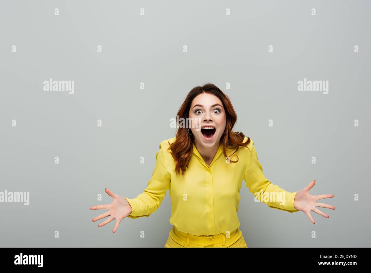 Excited woman open arms hi-res stock photography and images - Alamy