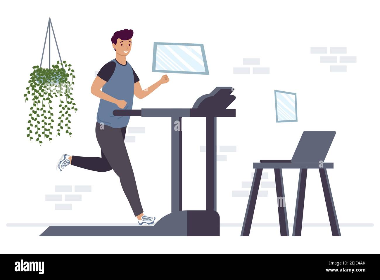 athletic man running in machine with laptop online exercise vector ...
