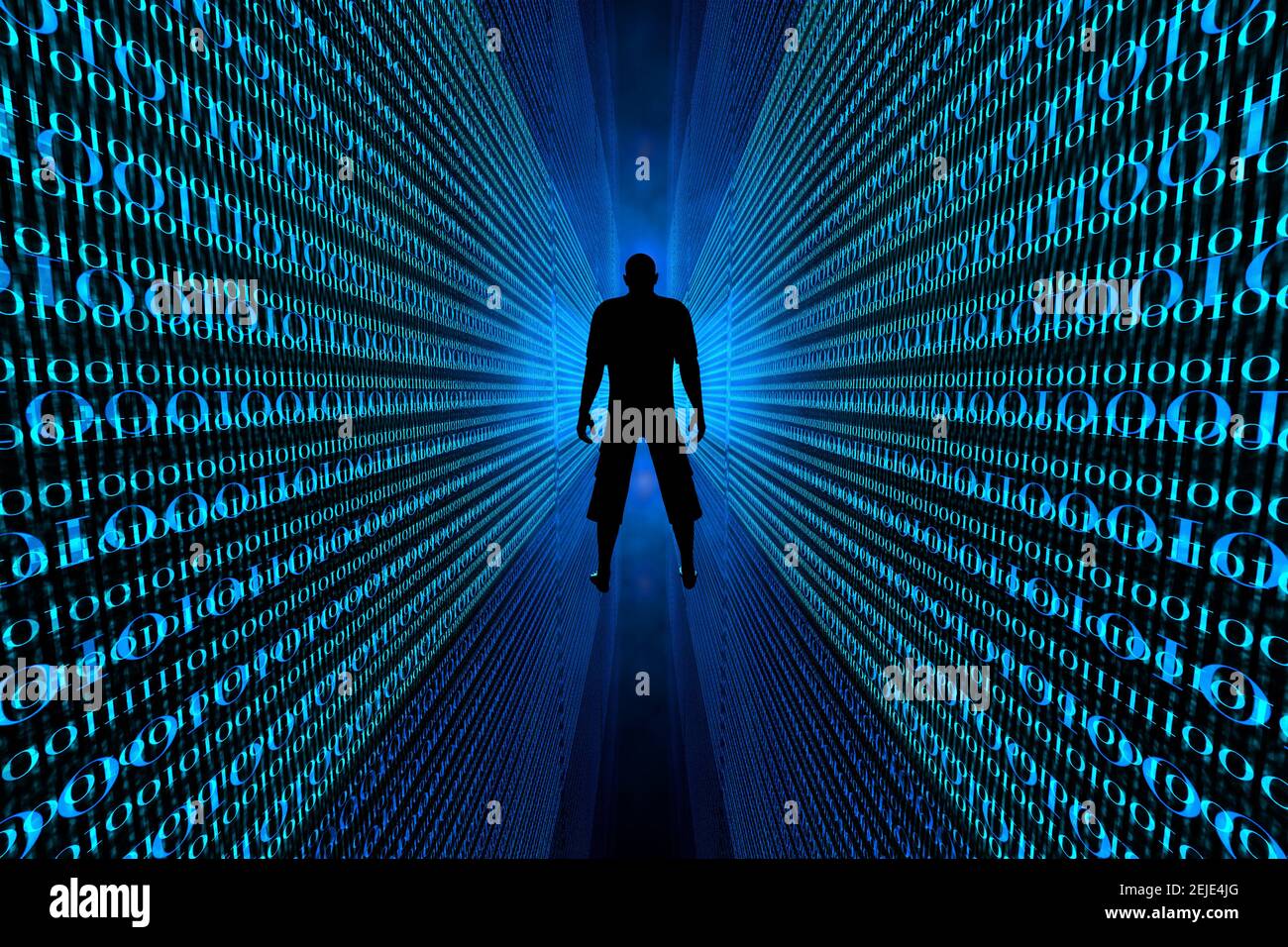 3D Illustration of a man standing between infinite lines of code ...