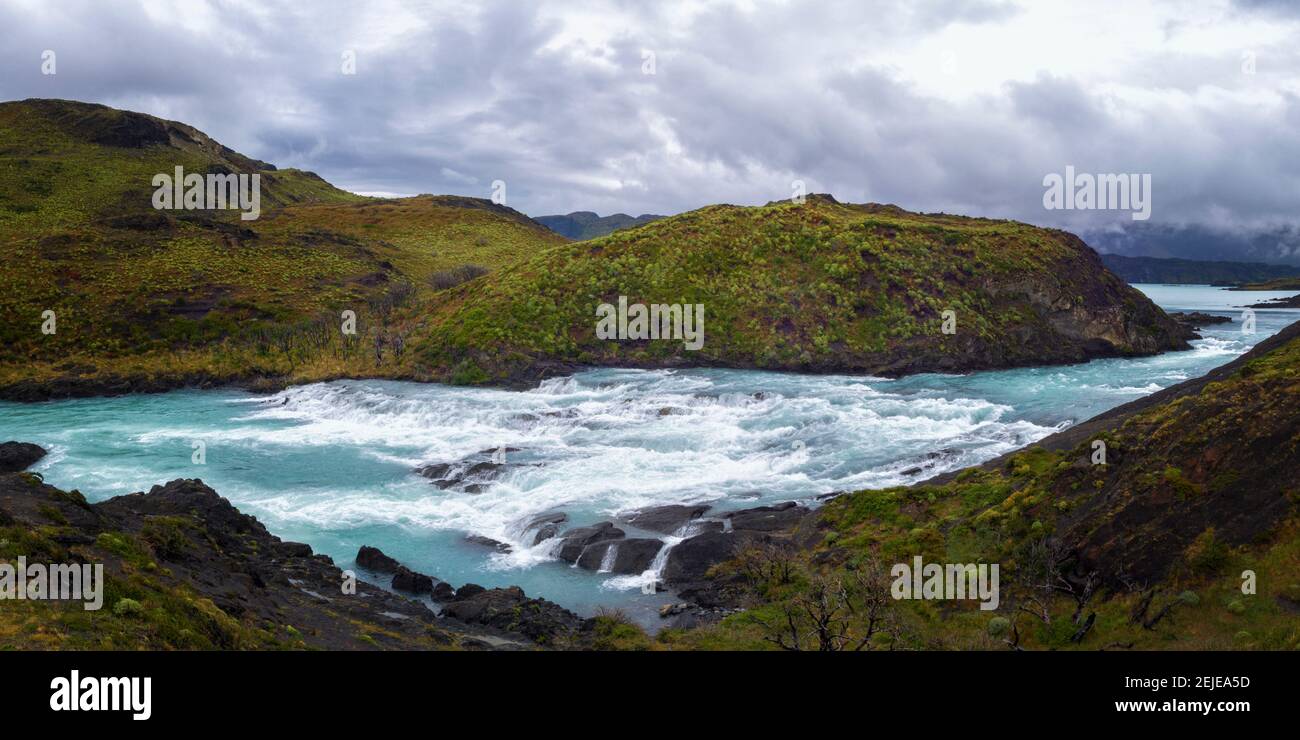 Elevated view of the Salto Grande falls, Paine River, Torres del Paine ...