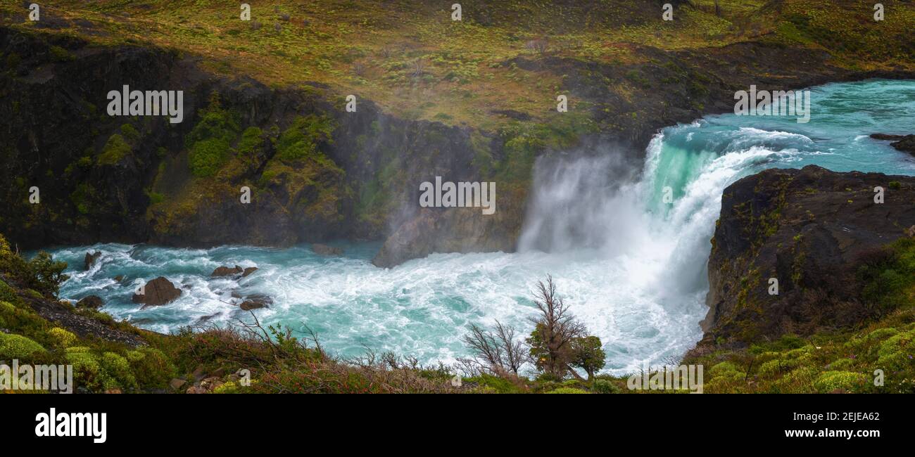 Elevated view of the Salto Grande falls, Paine River, Torres del Paine ...