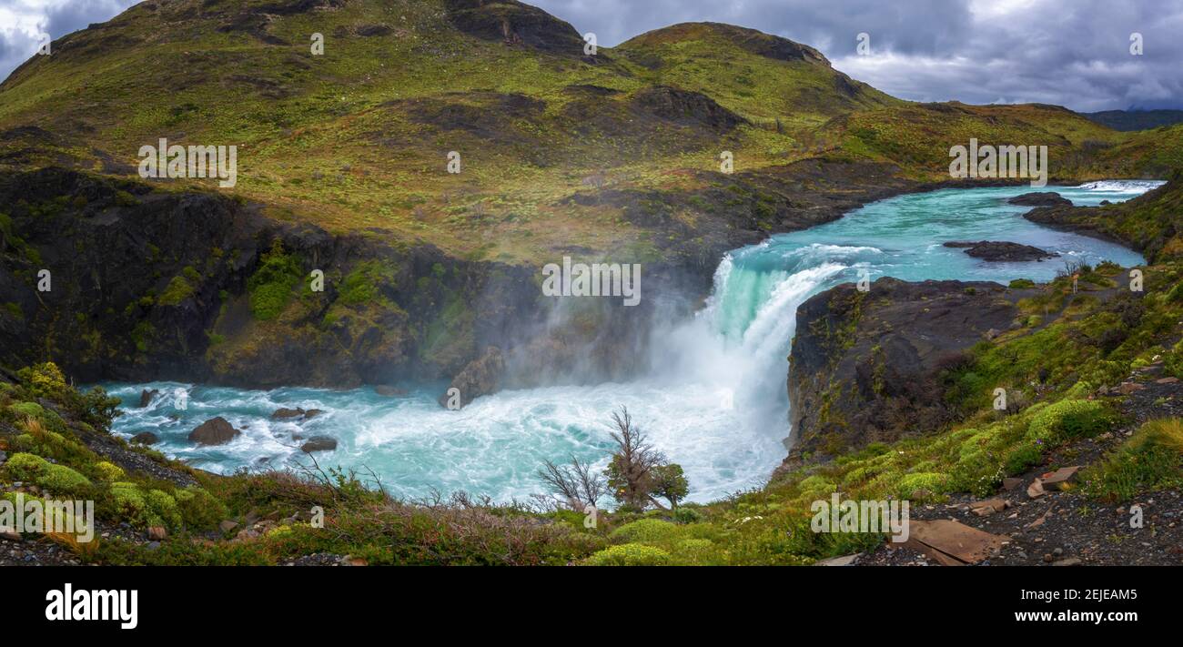 Elevated view of the Salto Grande falls, Paine River, Torres del Paine ...