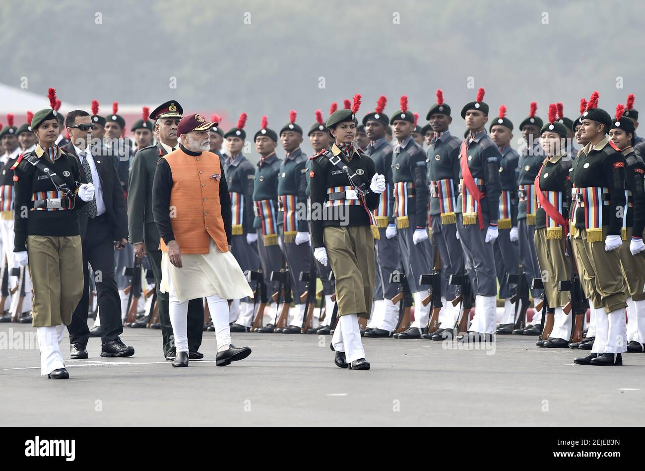 NEW DELHI, INDIA - JANUARY 28: Prime Minister Narendra Modi inspects a ...