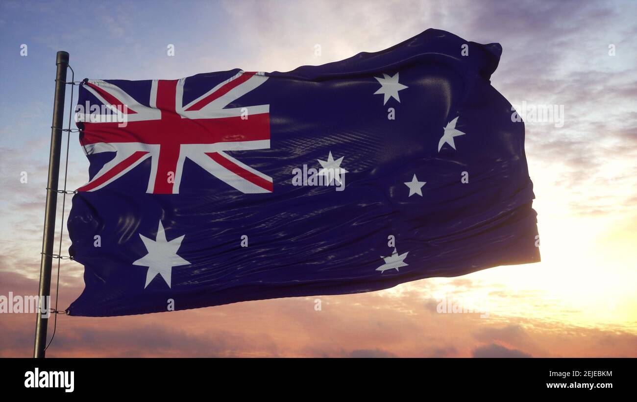 Flag of Australia waving in the wind against deep beautiful sky. 3d ...