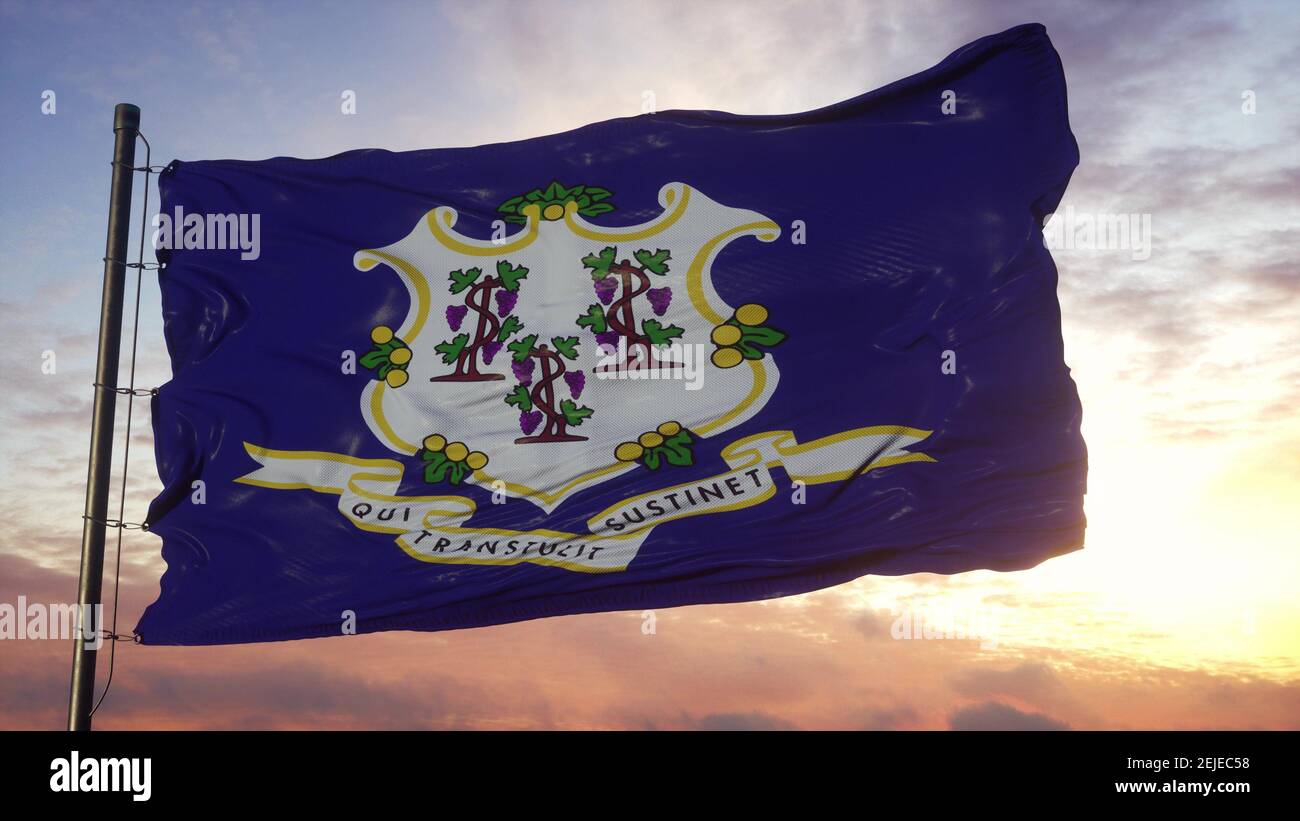 Flag of Connecticut waving in the wind against deep beautiful sky. 3d ...