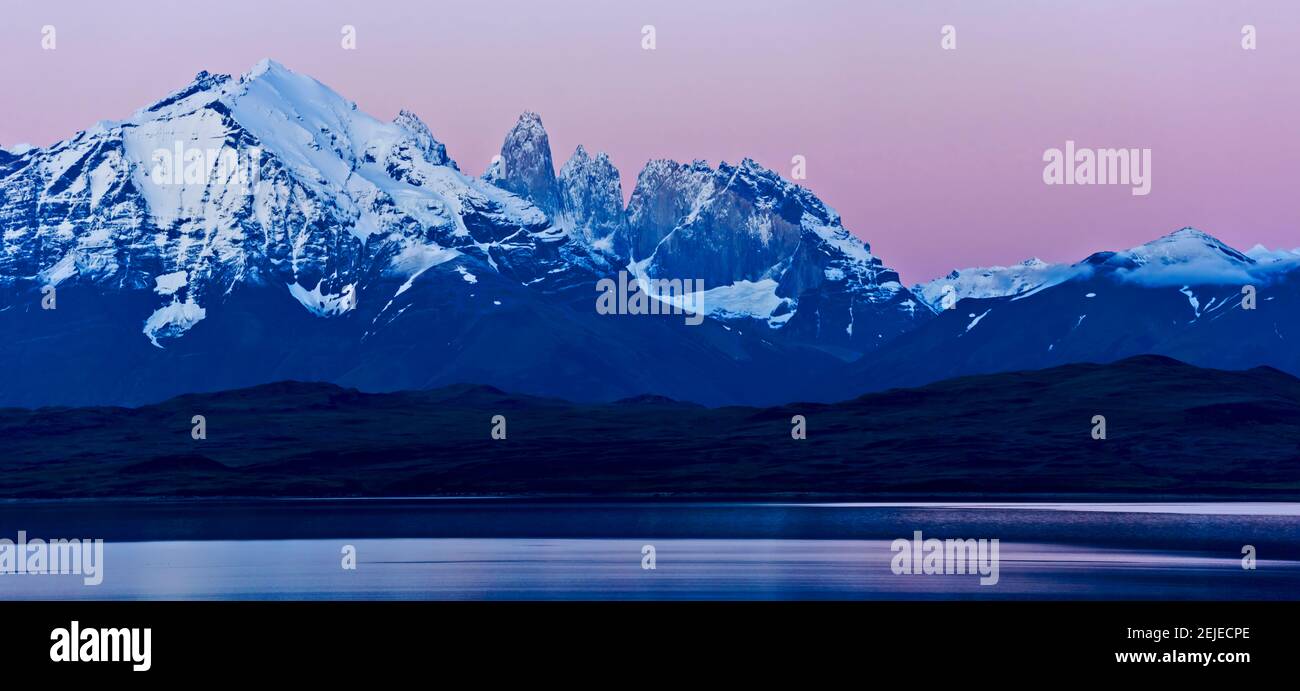 View of the Sarmiento Lake and Cordillera Paine at dawn, Torres del Paine National Park ...