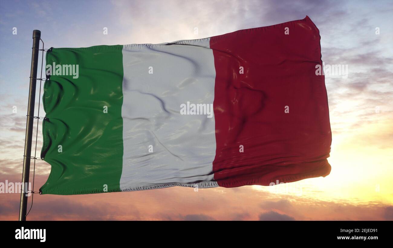 Flag of Italy waving in the wind against deep beautiful sky. 3d ...