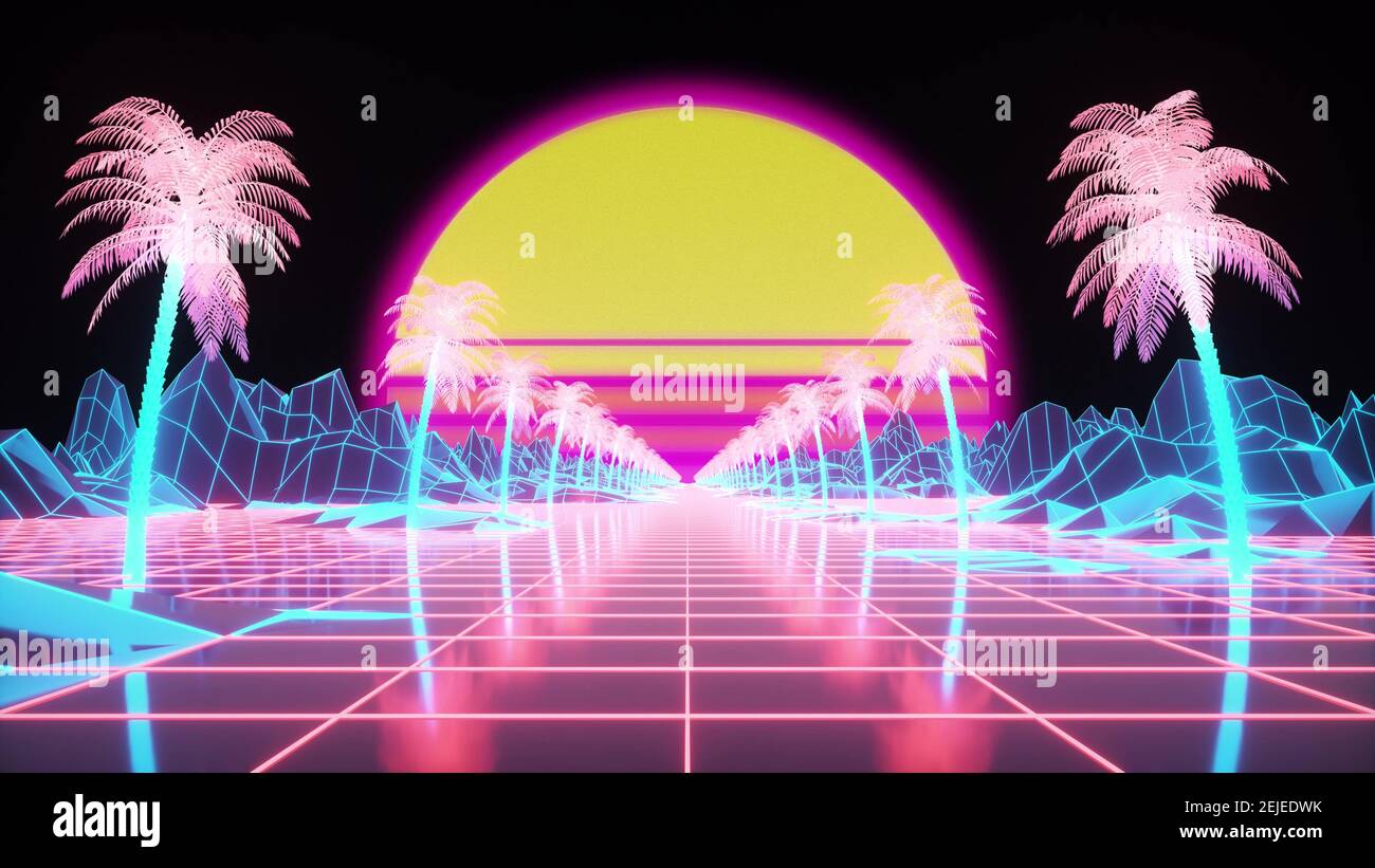 Retro 80s style synthwave sunrise with palm trees. 3d illustration ...