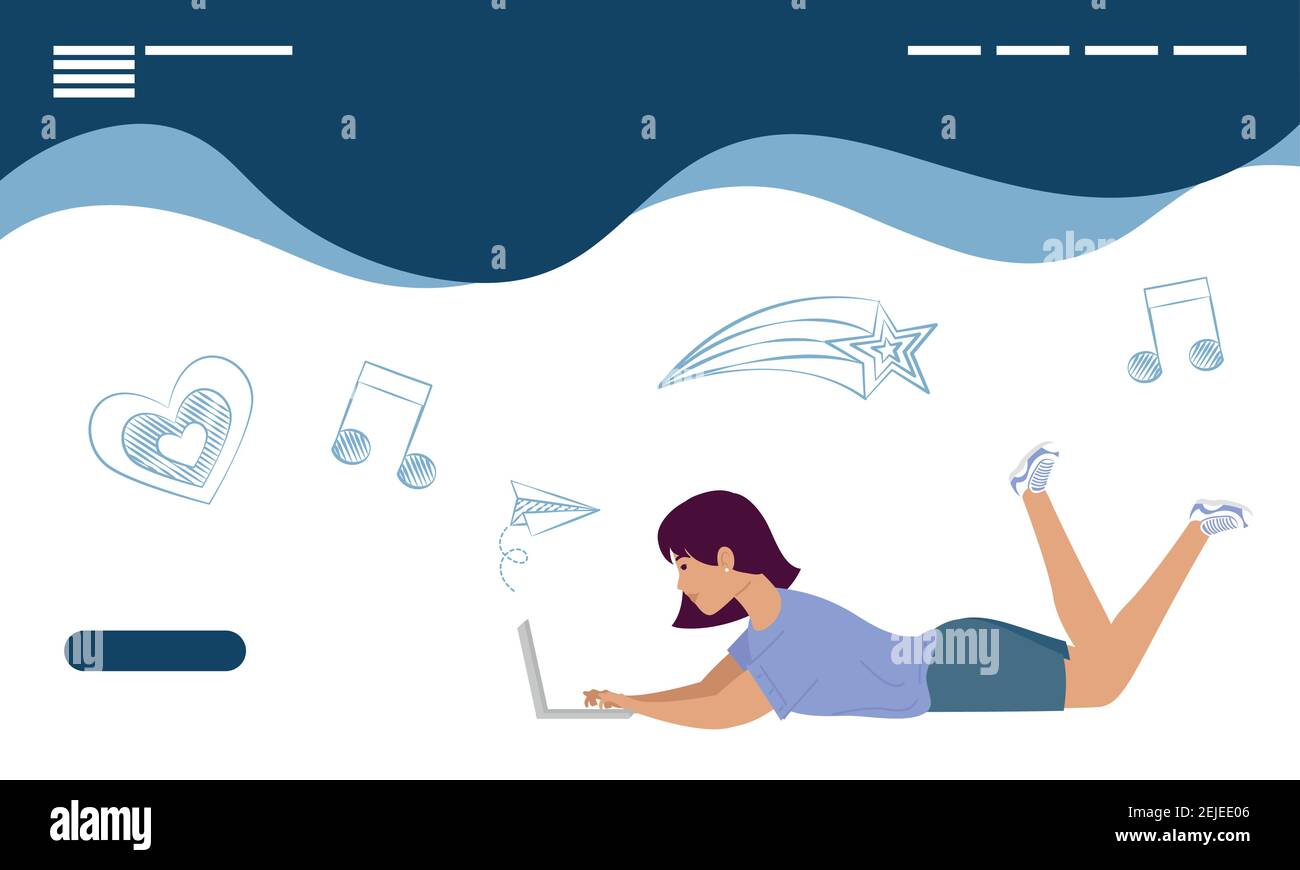 young woman lying down using laptop and drawings vector illustration ...