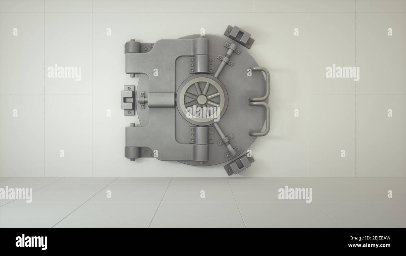 Front view of the door of a bank vault on white background. 3d ...