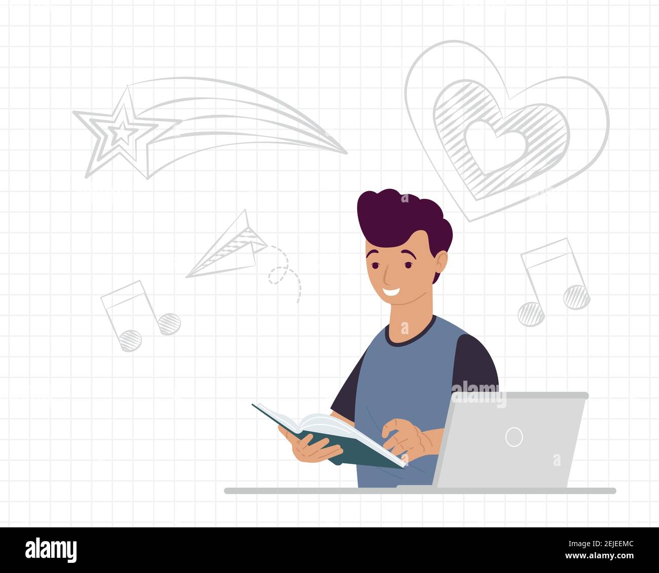 young man using laptop and reading book with drawings online learning ...