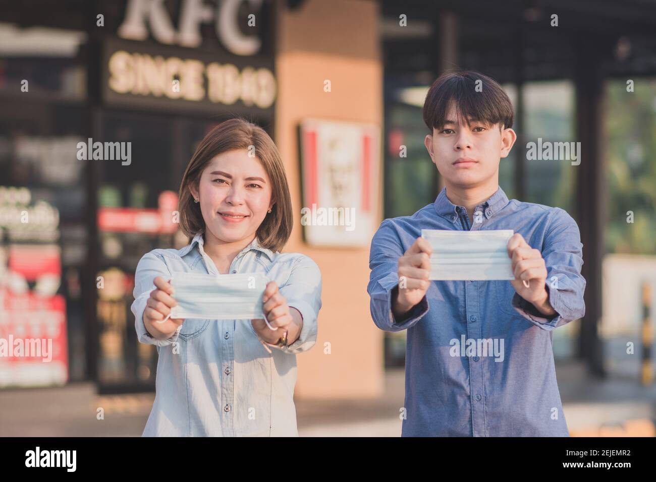 two people wear face mask protect coronavirus covid 19 walk on city ...