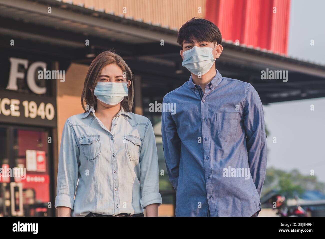 two people wear face mask protect coronavirus covid 19 walk on city ...