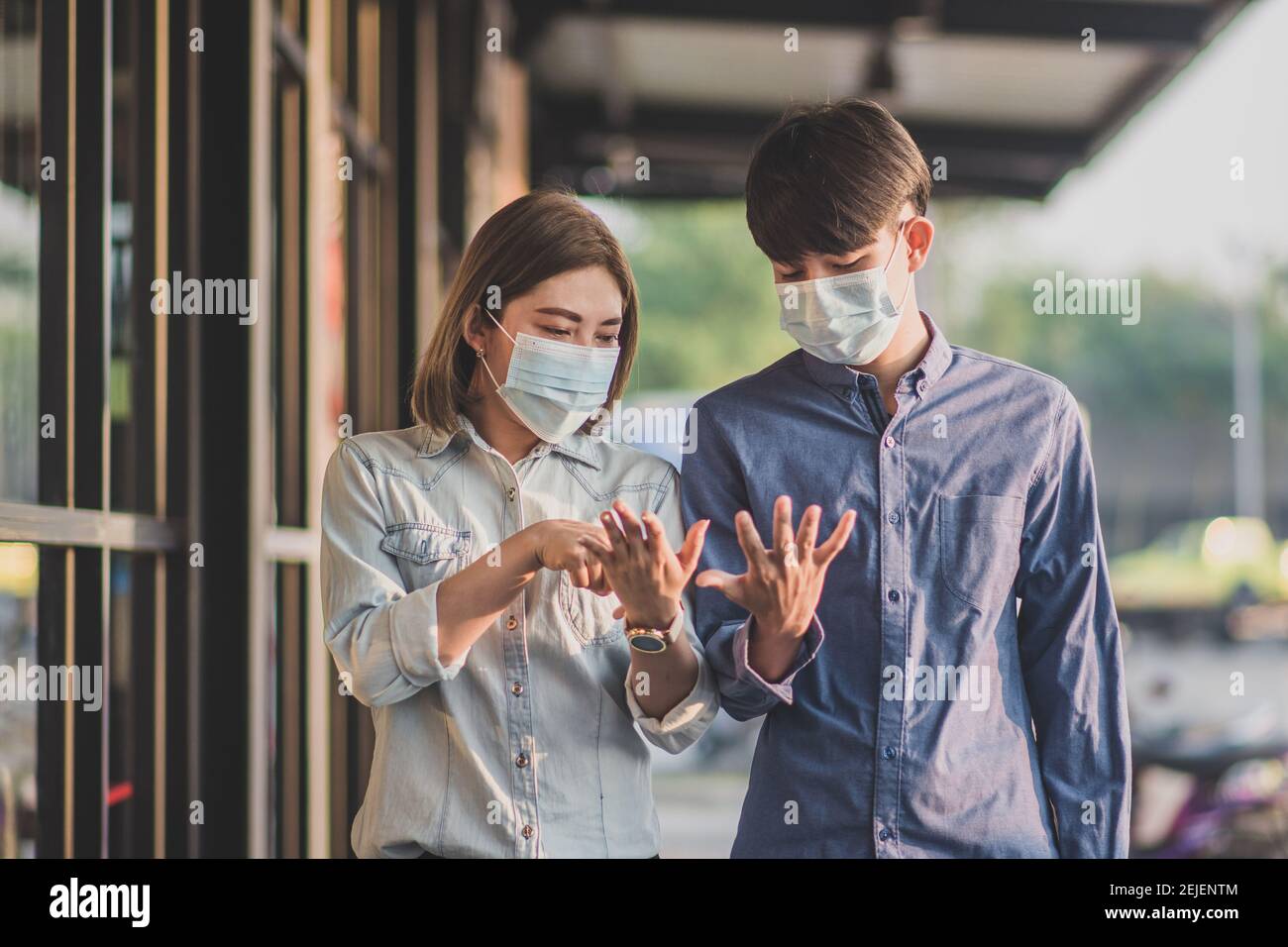 two people wear face mask protect coronavirus covid 19 walk on city ...