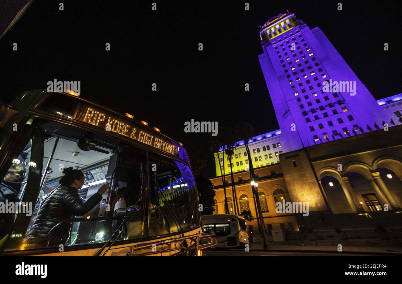 Landmarks and buildings light up in purple and gold, the official Laker ...