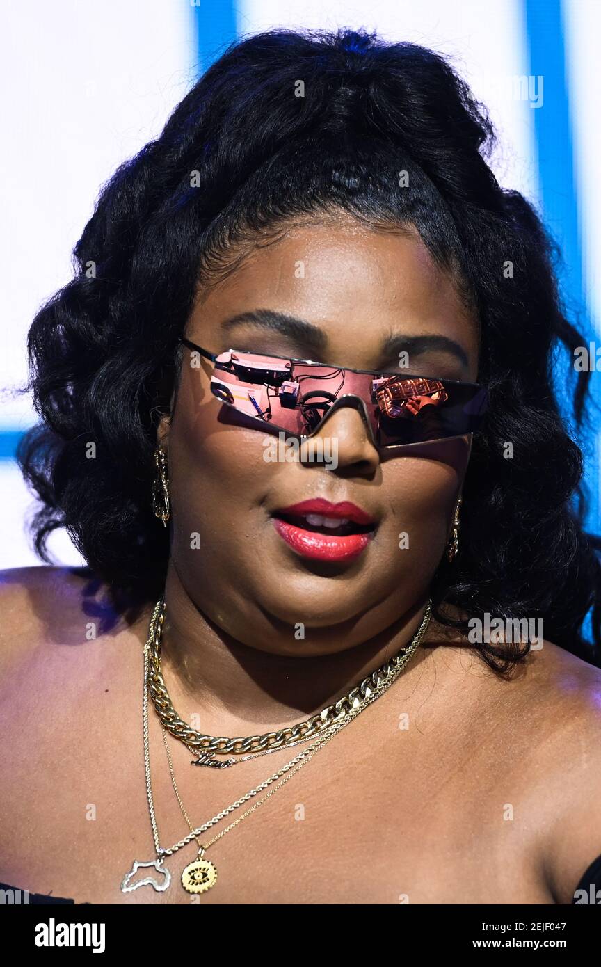 Lizzo attending SiriusXM radio row for Super Bowl LIV held at the Miami ...