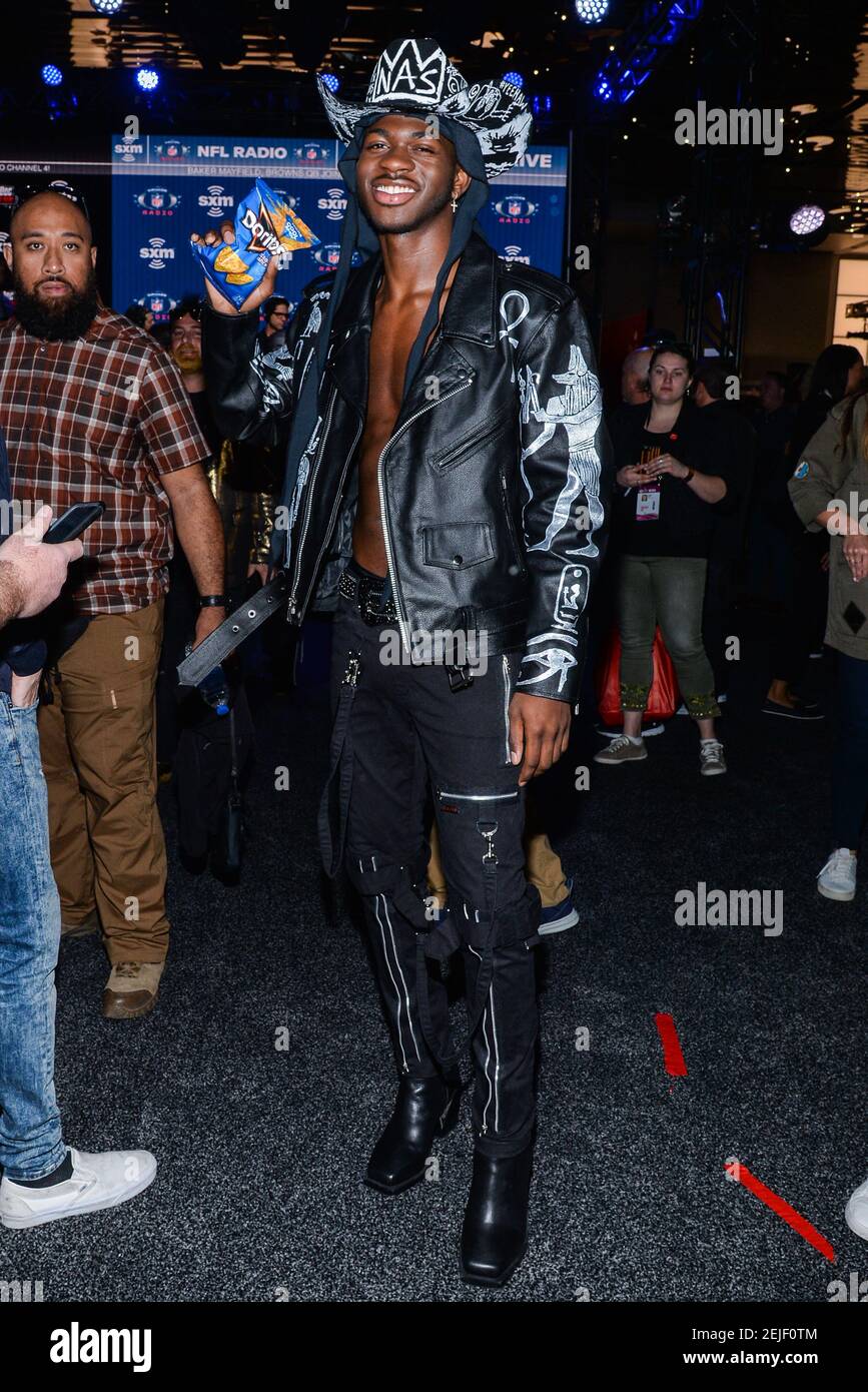 Lil Nas X at SiriusXM on radio row for Super Bowl LIV held at the Miami ...