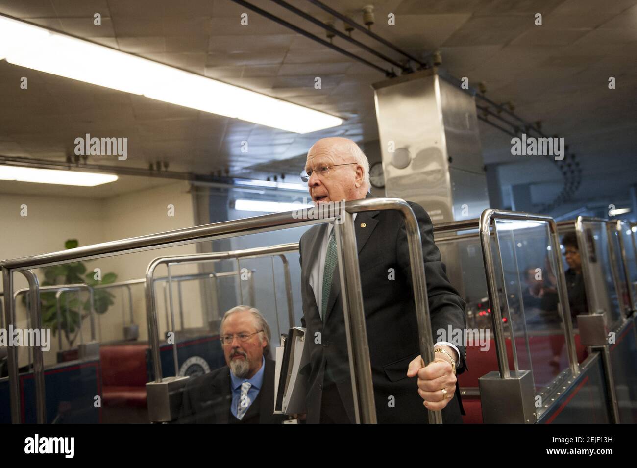 Senator Patrick Leahy (D-VT) arrives in the Senate subway in the ...
