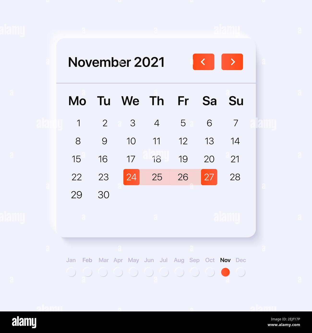 November month Calendar. UI template. Gradient red pickers. neumorphism ...