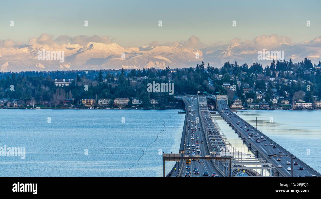 Seattle floating bridges with mountains behind in the evening Stock ...