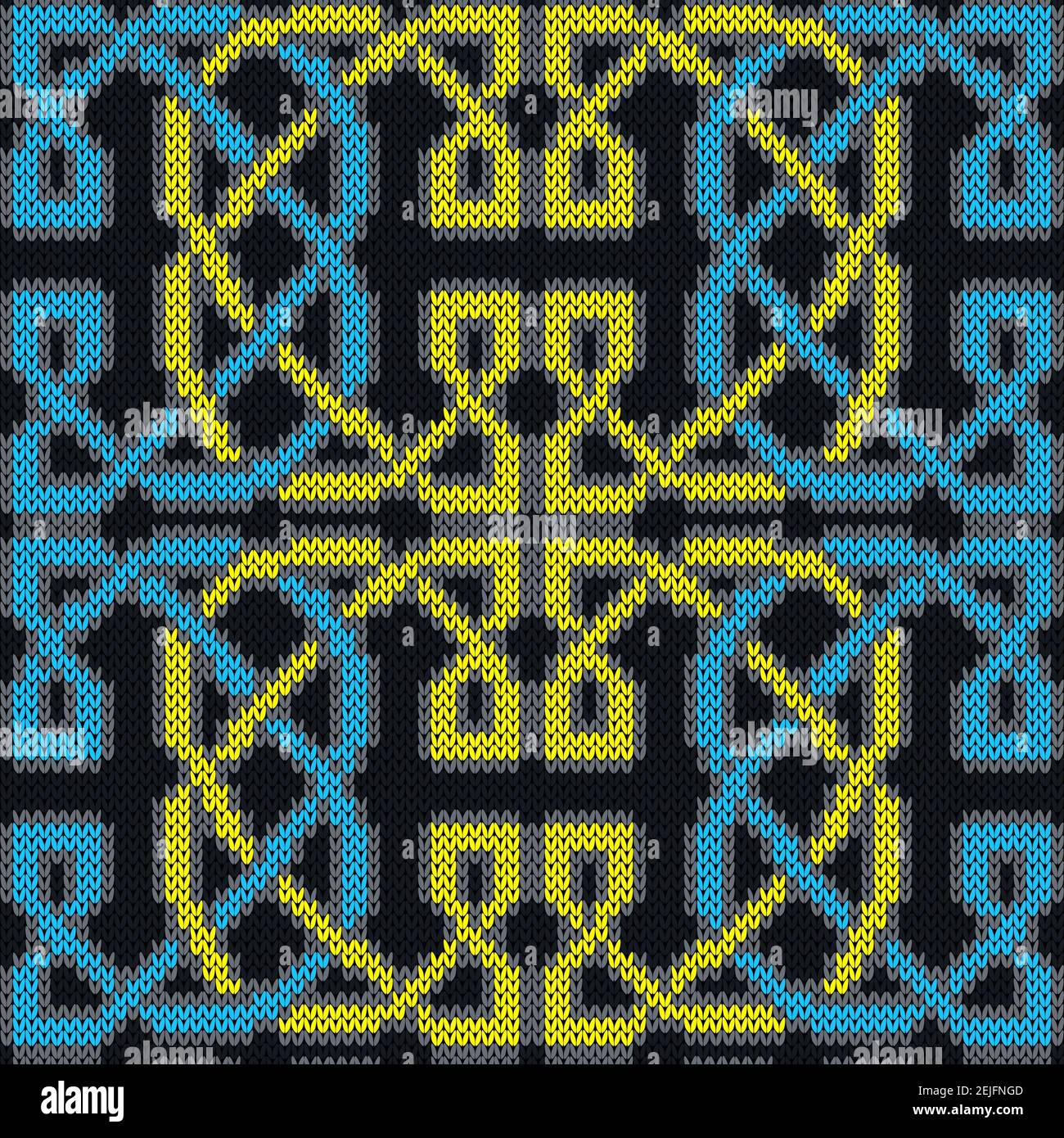 Seamless knitted ornate vector pattern in blue, yellow and grey colors ...