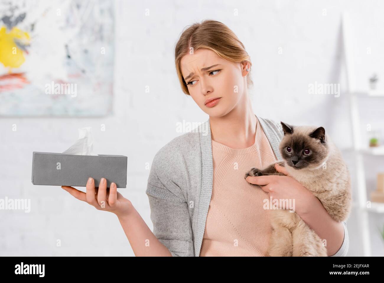 Sad woman holding siamese cat and box with napkin Stock Photo - Alamy