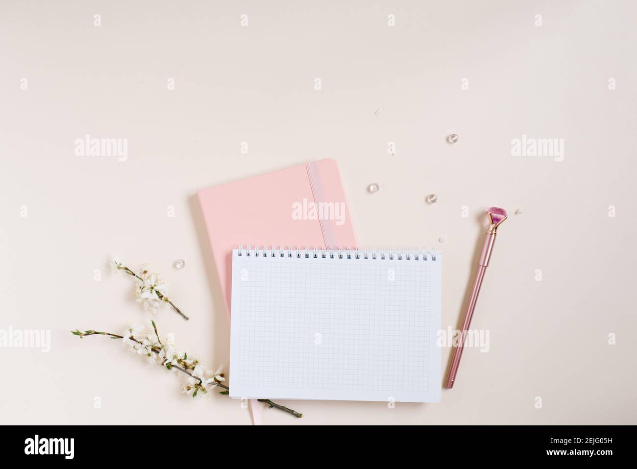 A blank notebook sheet with a sprig of white apple blossoms, a pink ...