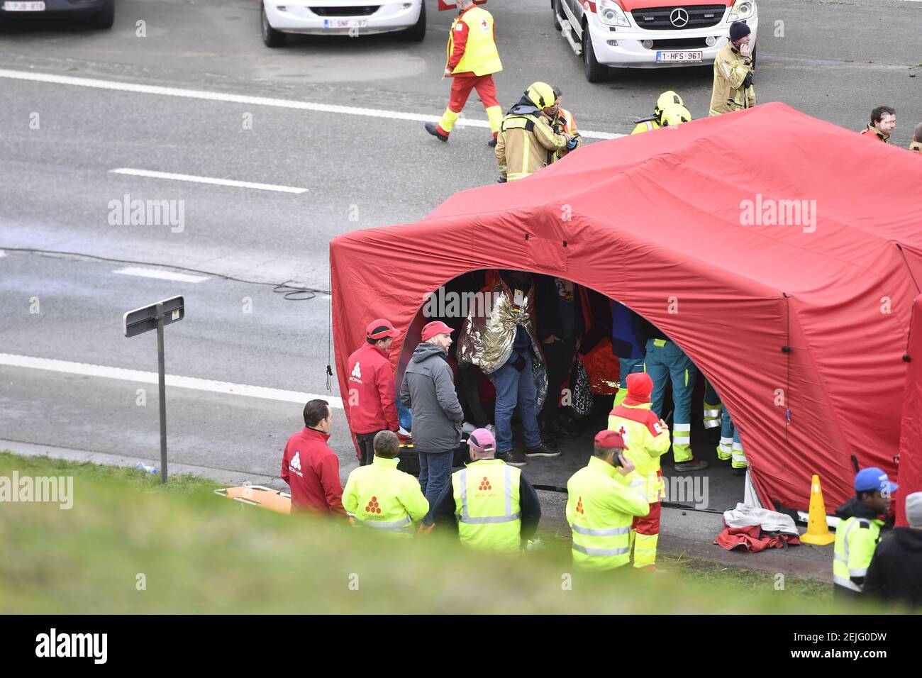 Illustration shows emergency services near the site of an accident with ...