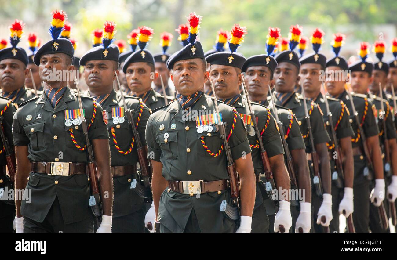 A Sri Lankan military personnel march during Sri Lanka's 72th ...