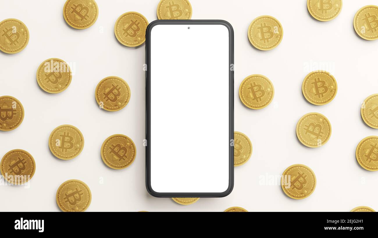 Mobile phone mockup blank screen and some physical bitcoins ...