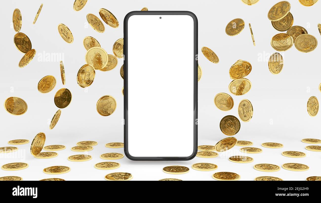 Bitcoin mobile phone blank screen mockup with a coin rain. 3D rendering ...