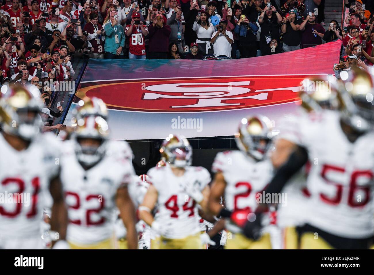 San Francisco 49ers take the field before Super Bowl LIV between the ...