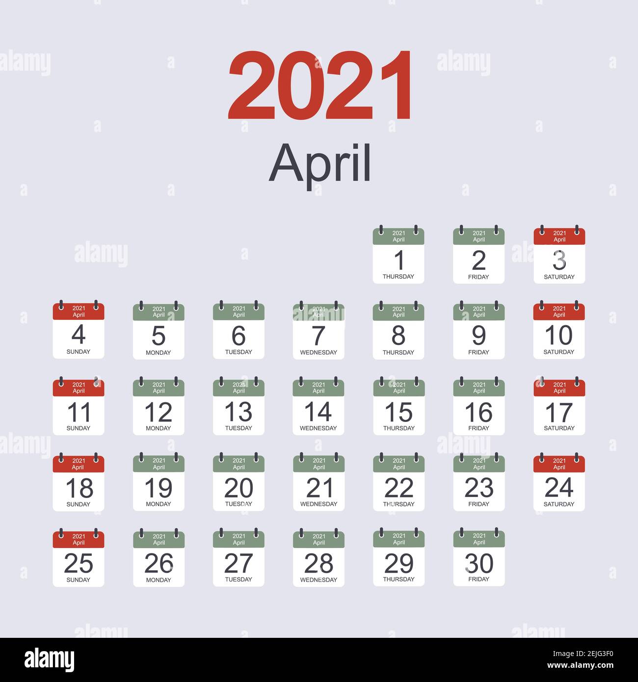 Monthly calendar template for April 2021 with daily date. Week starts ...