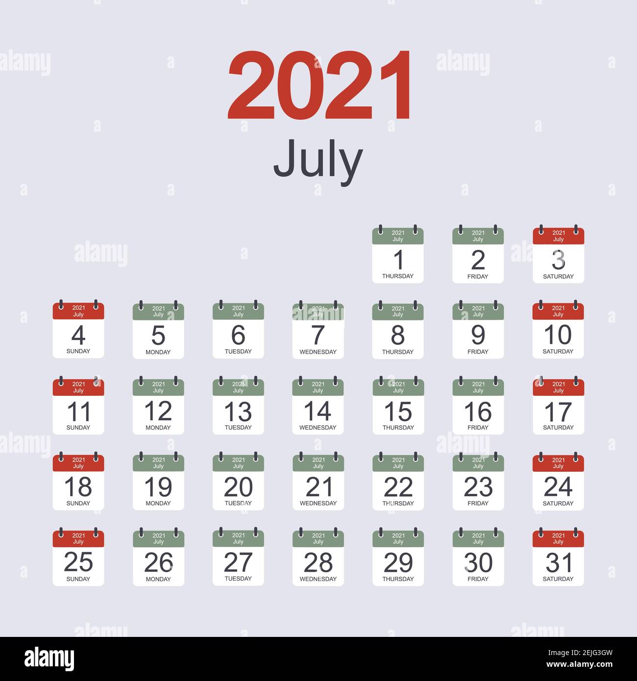 Monthly calendar template for July 2021 with daily date. Week starts on ...