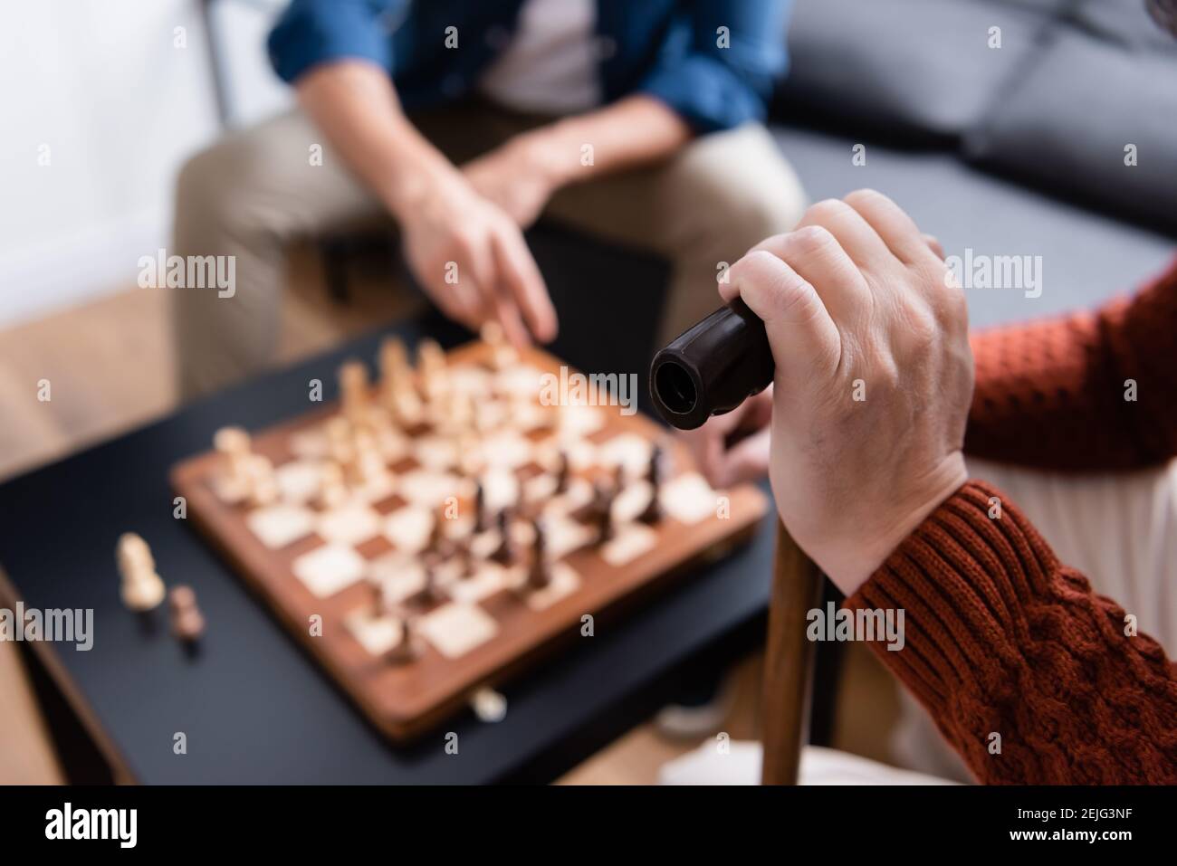 partial view of man with walking stick playing chess with son on ...