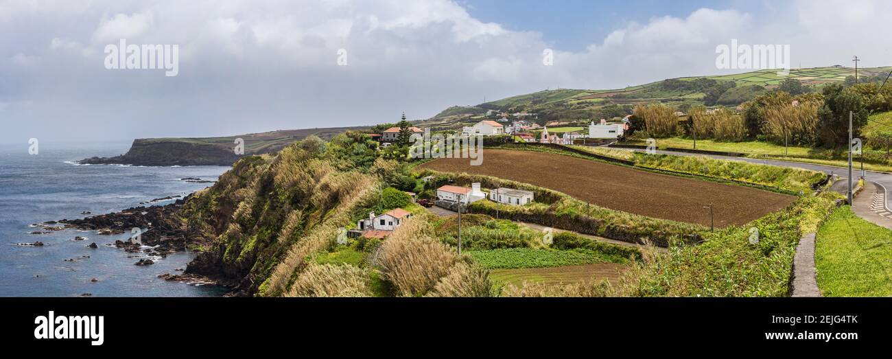 View of farmland along coast, Terceira Island, Azores, Portugal Stock ...