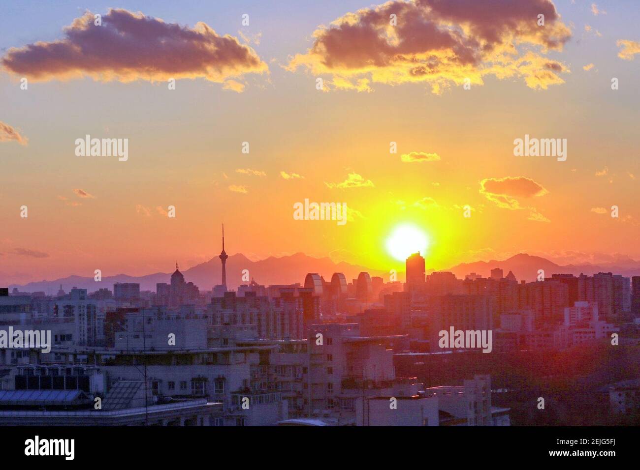 The view of sunset with skyline in Beijing, China, 2 February 2020 ...