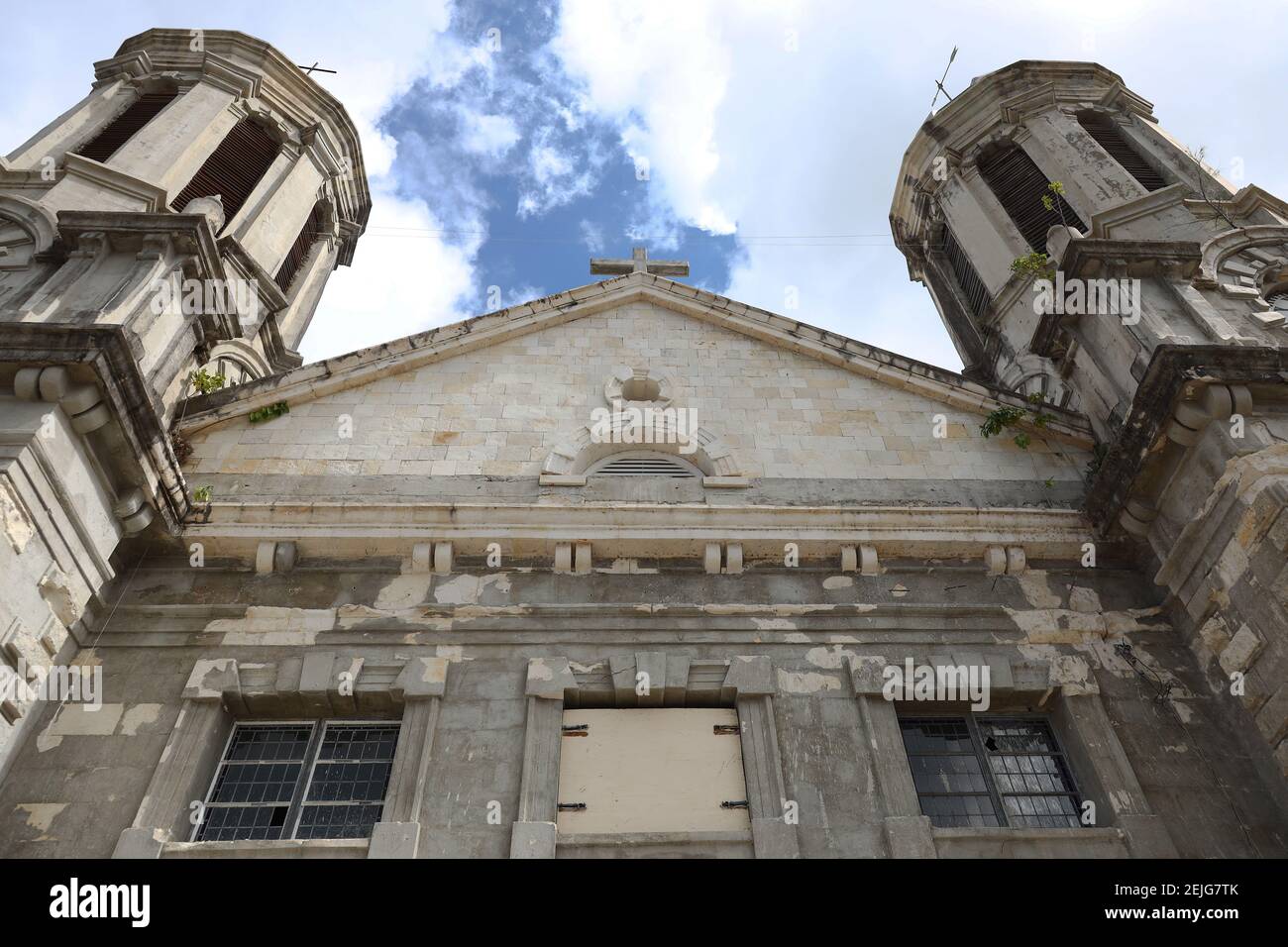View looking upwards at the twin Baroque towers of St John's Cathedral ...