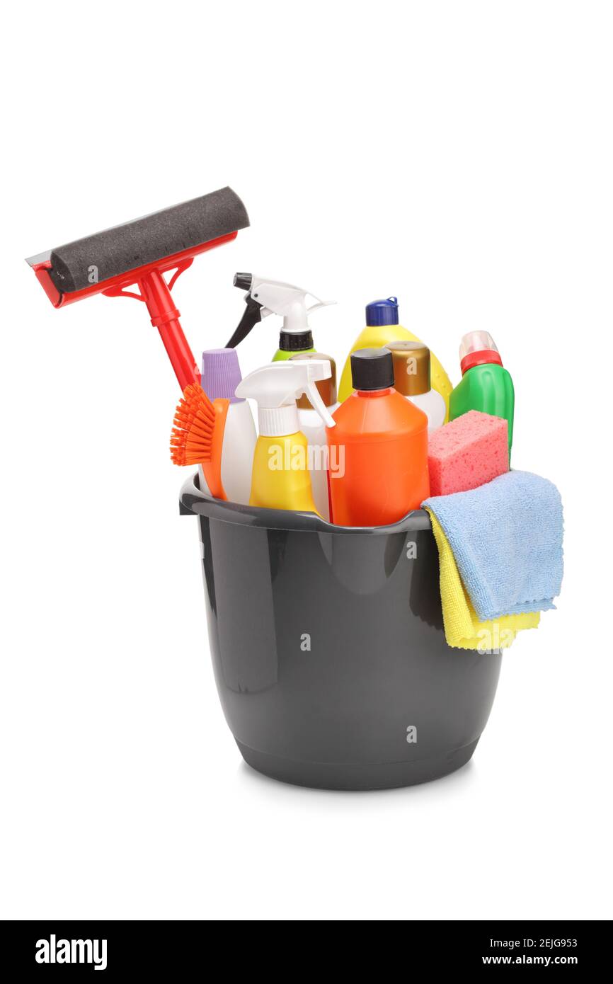 Bucket with bottles and brushes for cleaning isolated on white ...