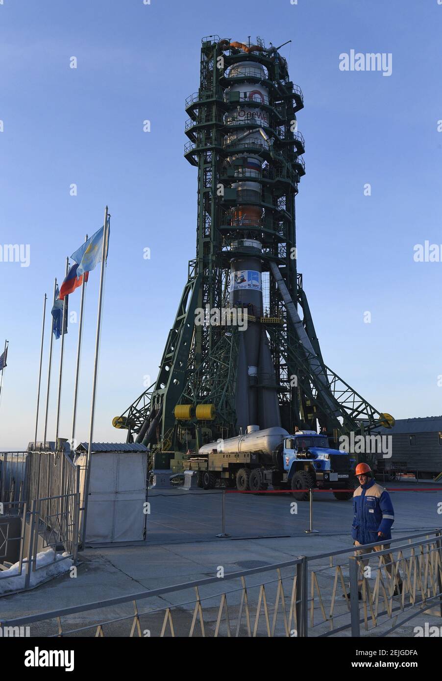 Preparations for the launch of 34 British communications satellite by OneWeb from the Baikonur ...