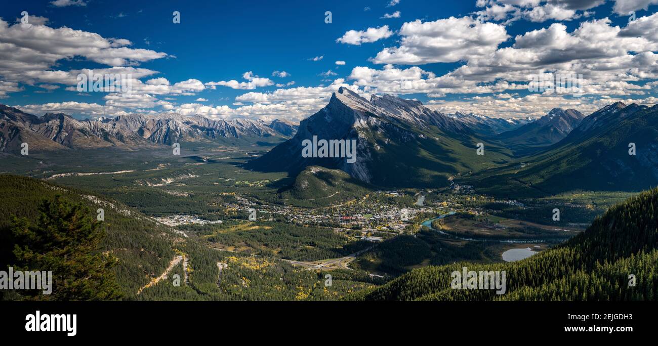 Aerial view of Banff town and Mount Rundle, Banff National Park ...
