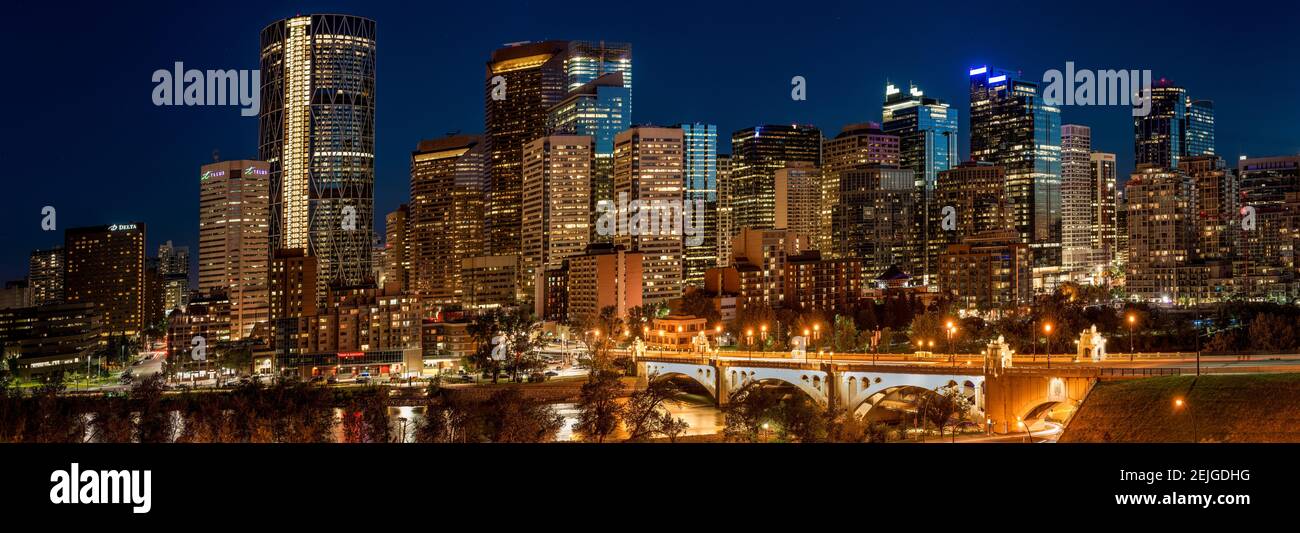Illuminated bridge and skylines in a city, Center Street Bridge, Bow ...