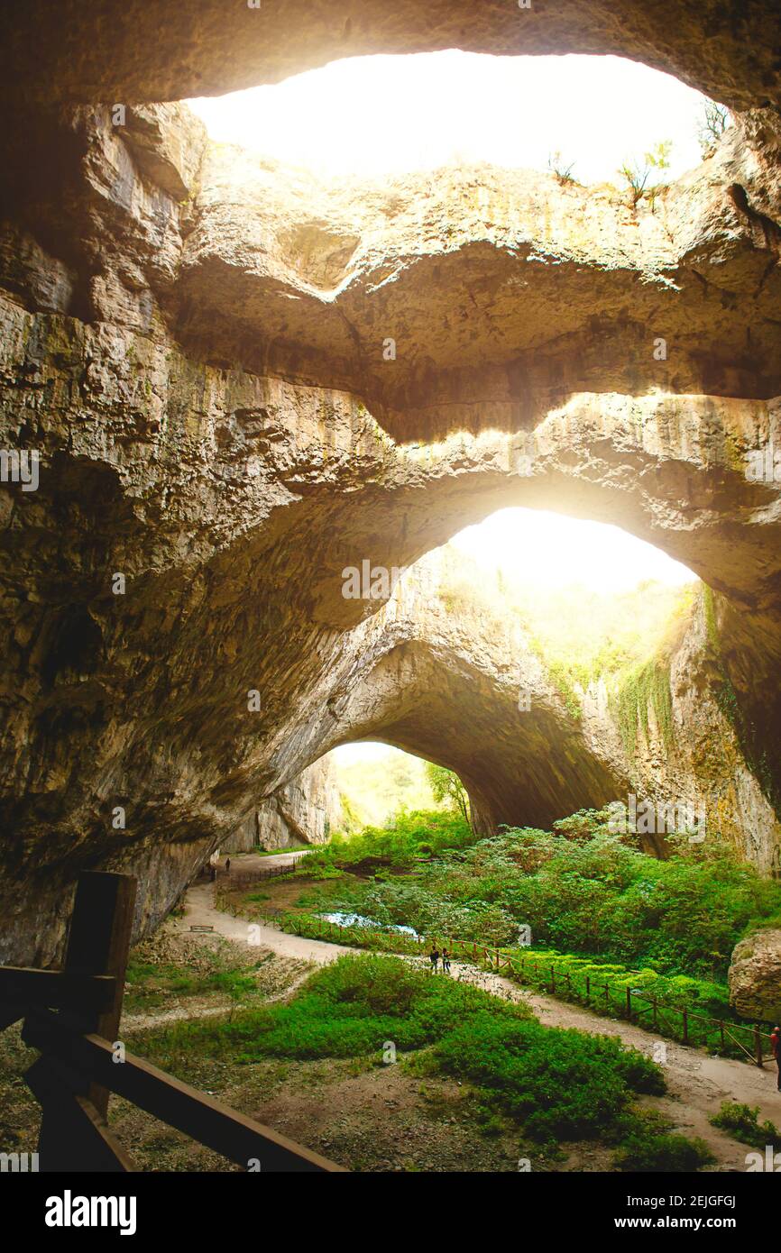 Devetashka cave in Bulgaria - natural attraction. High arches of a huge ...