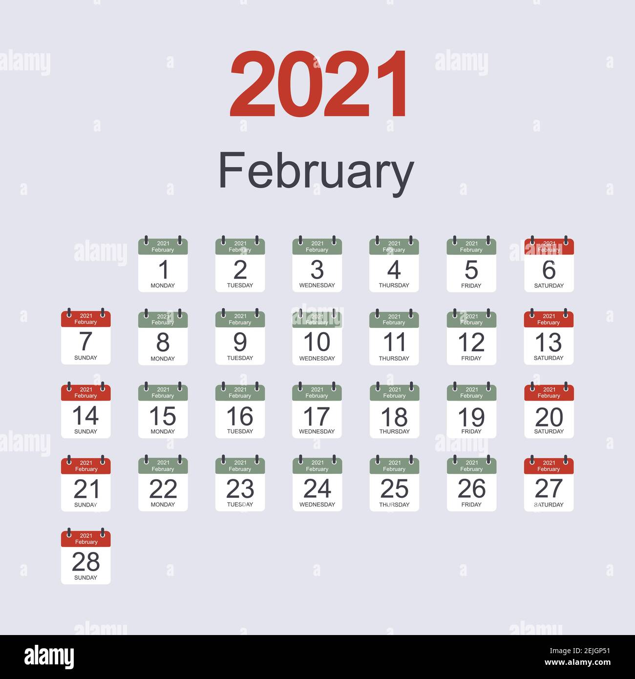 Monthly calendar template for February 2021 with daily date. Week ...
