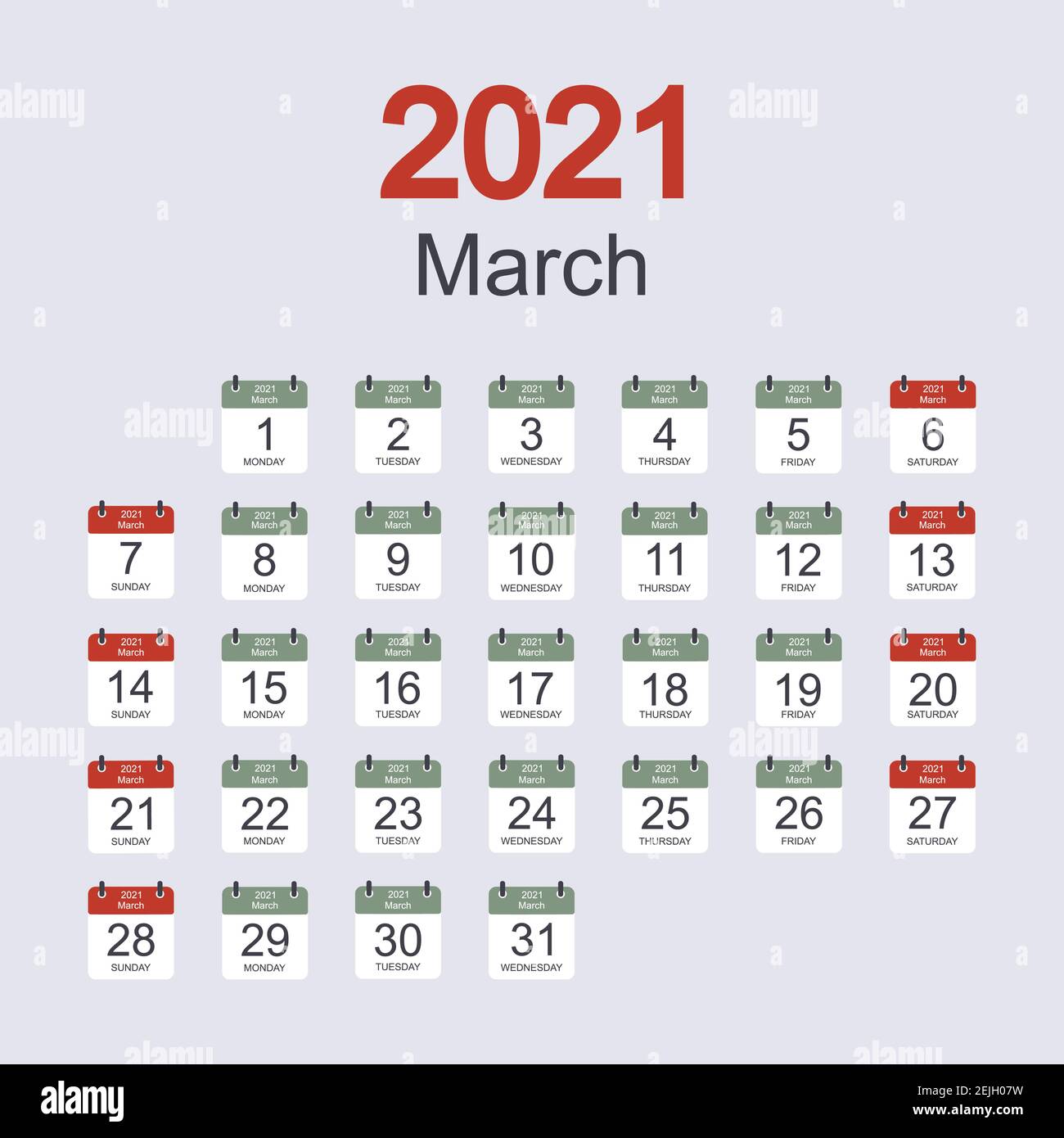 Monthly calendar template for March 2021 with daily date. Week starts ...