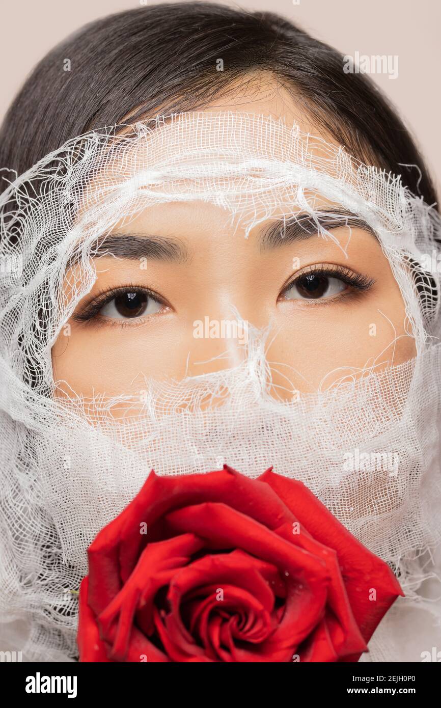 Fashion photo of beautiful Asian woman in mummy bandage with rose in ...